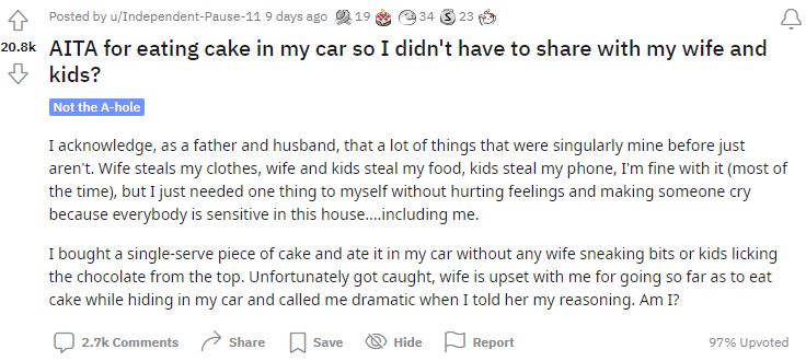 Reddit Supports Father Who Doesn’t Want to Share Cake