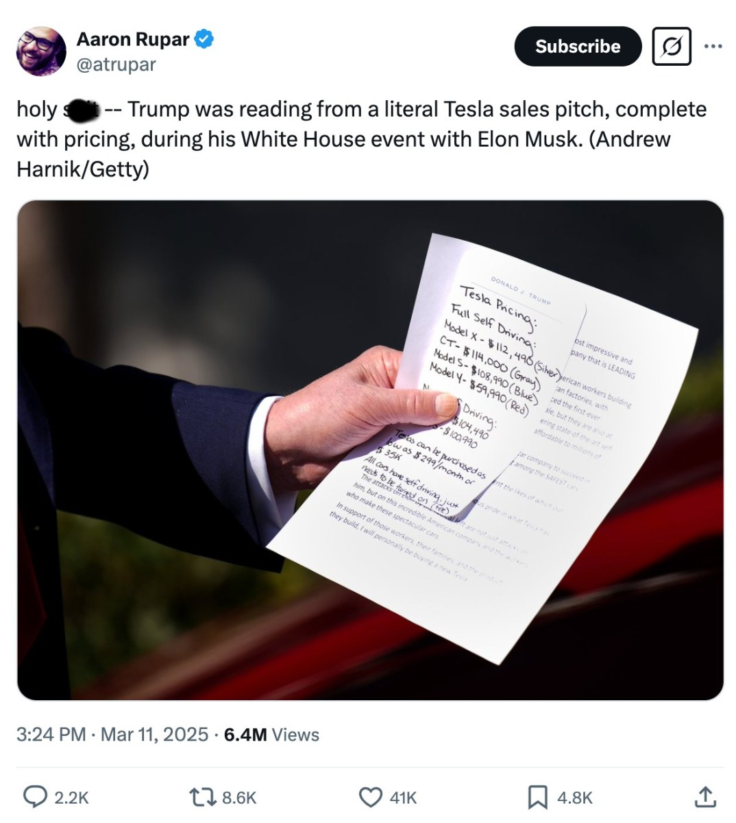 Donald Trump read from a sales pitch for his Tesla advertisement at the ...