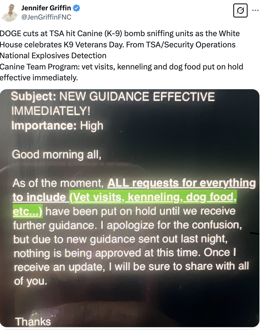 DOGE allegedly freezes funds to feed TSA canine bomb-sniffing unit on K ...